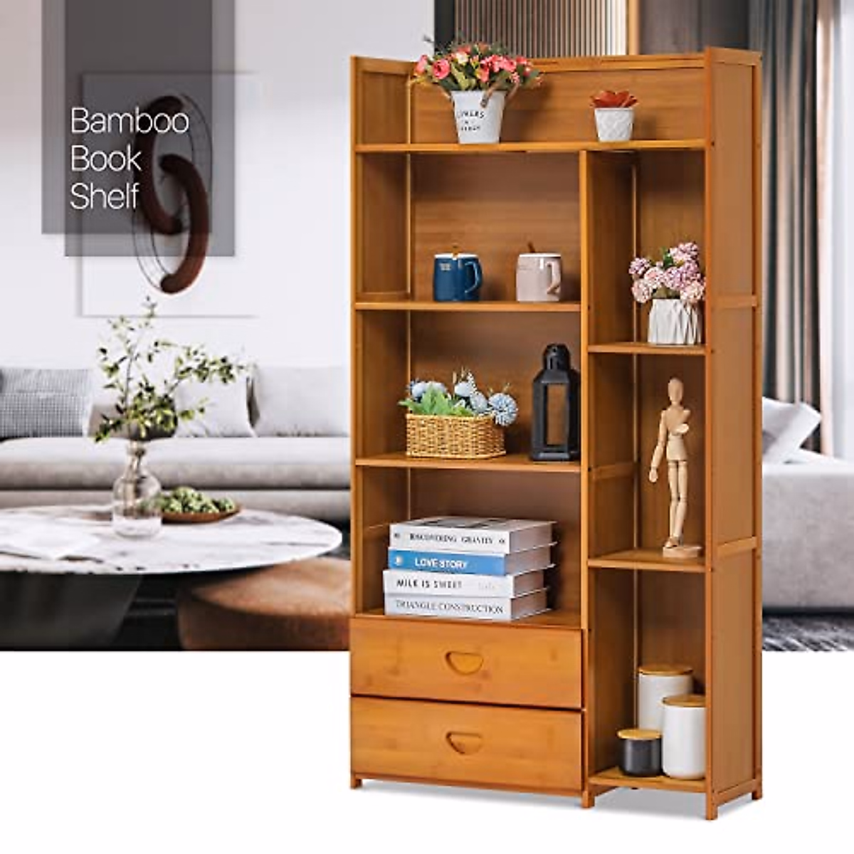 MoNiBloom 4 Tier Bookcase with 2 Drawers, Bamboo Tall Multifunctional Shelf Storage Organizer Book Display Shelves for Bedroom Living Room Office, Brown
