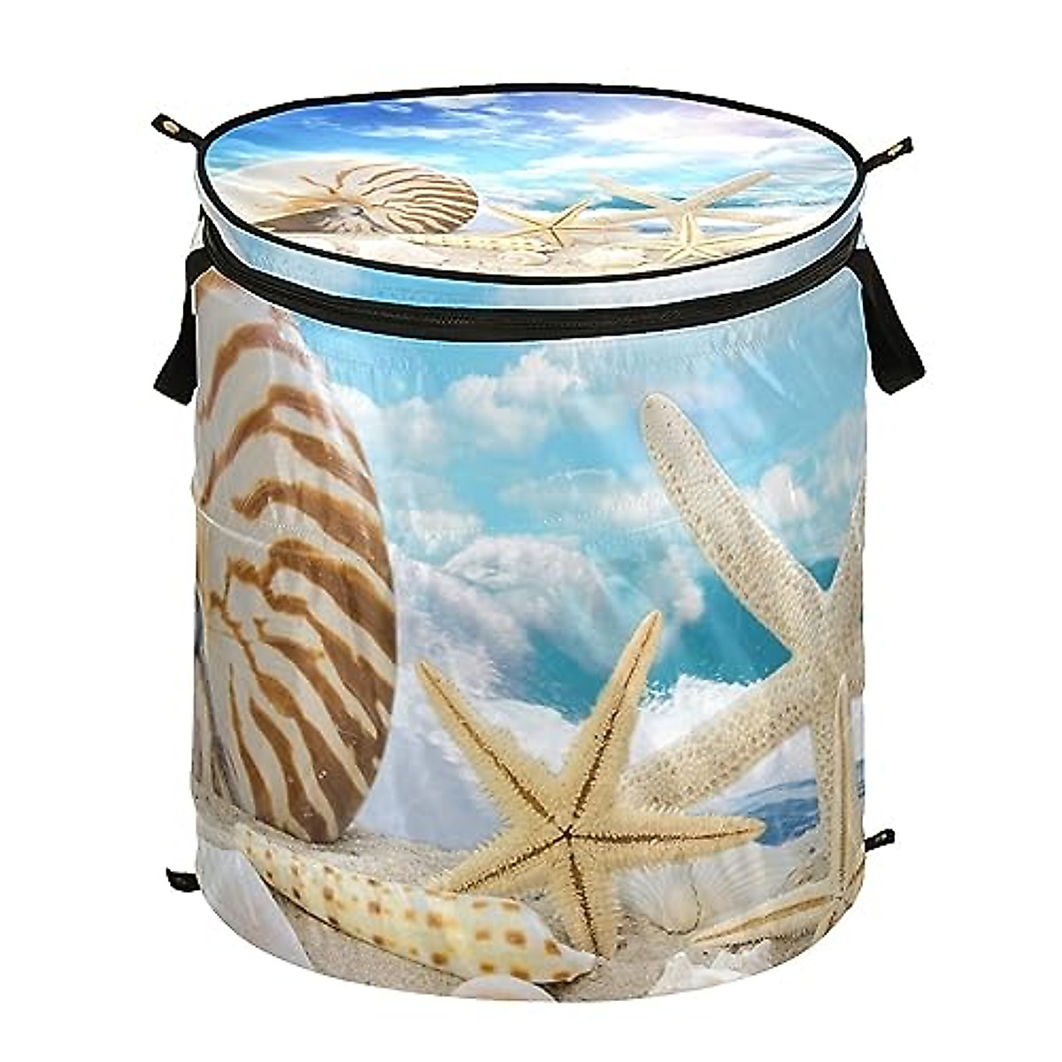 pnyoin 50L Large Popup Laundry Hamper Round with Zipper Lid Reinforced Handles Portable Collapsible Basket for Kids Room College Dorm Travel, Sunny Sky with Starfish