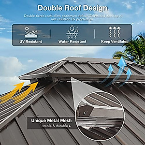 Patiorama 10’ x 12’ Hardtop Gazebo, Outdoor Aluminum Gazebo with Galvanized Steel Double Vented Roof Canopy, W/Shaded Curtains and Netting, Pergola for Patio, Garden, Yard, Lawn,Party, BBQ (Brown)