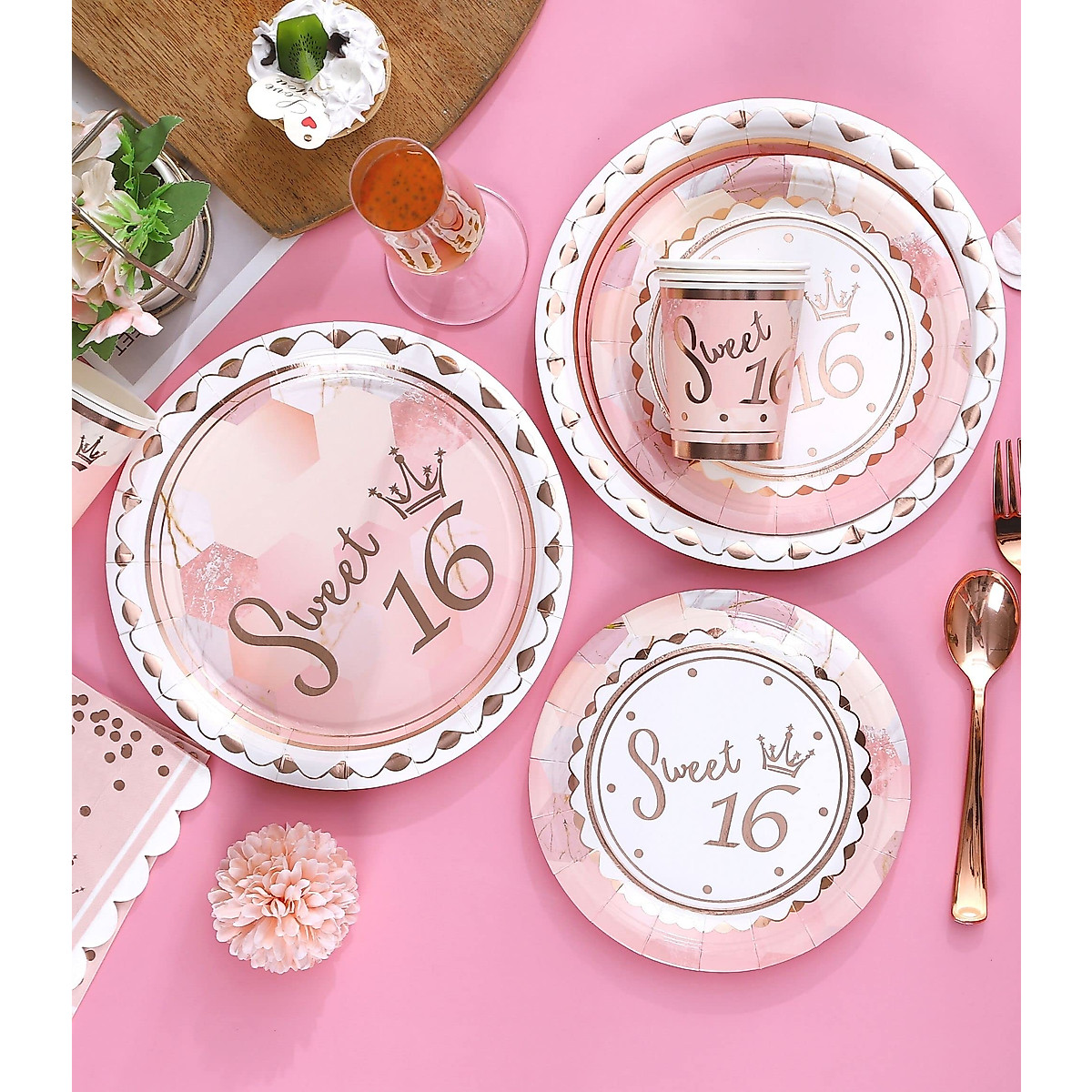 Rose Gold Sweet 16 Birthday Decorations for Girls - Serves 16 - Includes Sweet 16th Plates and Napkins Party Supplies Cups Cutlery for Sweet Sixteen Party