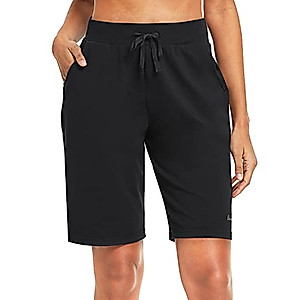 BALEAF Womens Exercise,Basketball,Fitness,Jogging,Walking,Running,Workout,Gym,Yoga Sweat Shorts Long Cotton Bermuda Summer Casual Drawstring Shorts with Pockets, Medium, Black