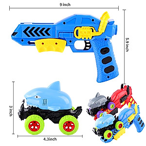 FiGoal Two Pack Shark Cars with Toy Gun Launchers Monster Toy Trucks, Friction Powered Toy Cars Vehicles for Boys and Toddlers Games Toys Gifts for Birthday
