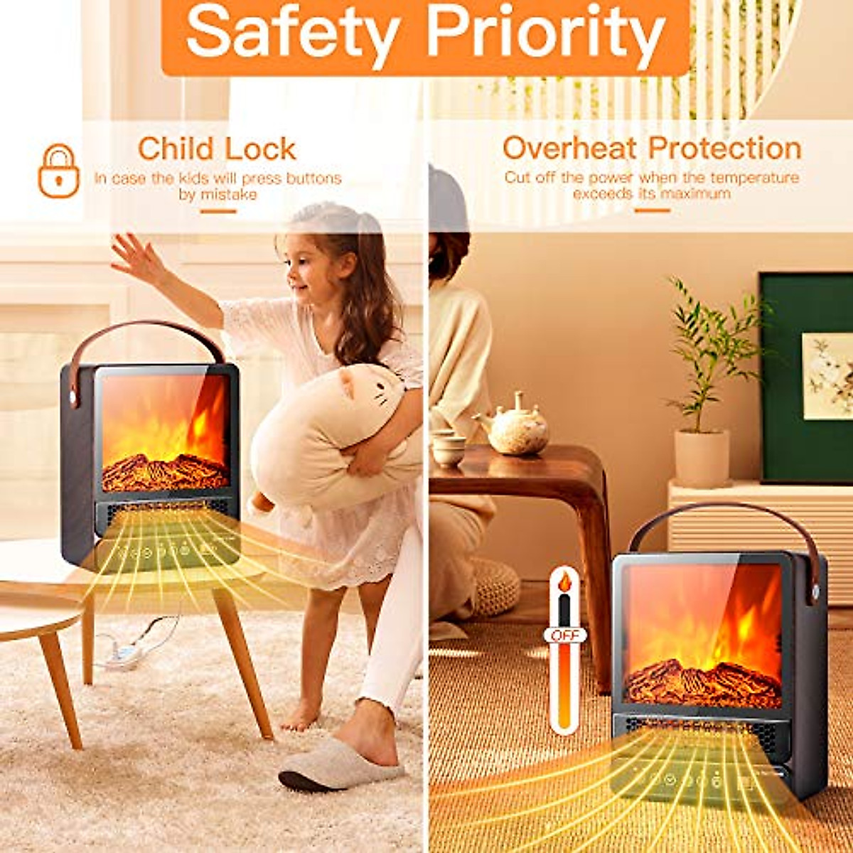 Tangkula 14.5" Mini Portable Electric Fireplace, 750W/1500W Tabletop Stove Heater with 3D Flame & Remote Control, Electric Fireplace Heater with Overheat Protection,12H Timer (Walnut)