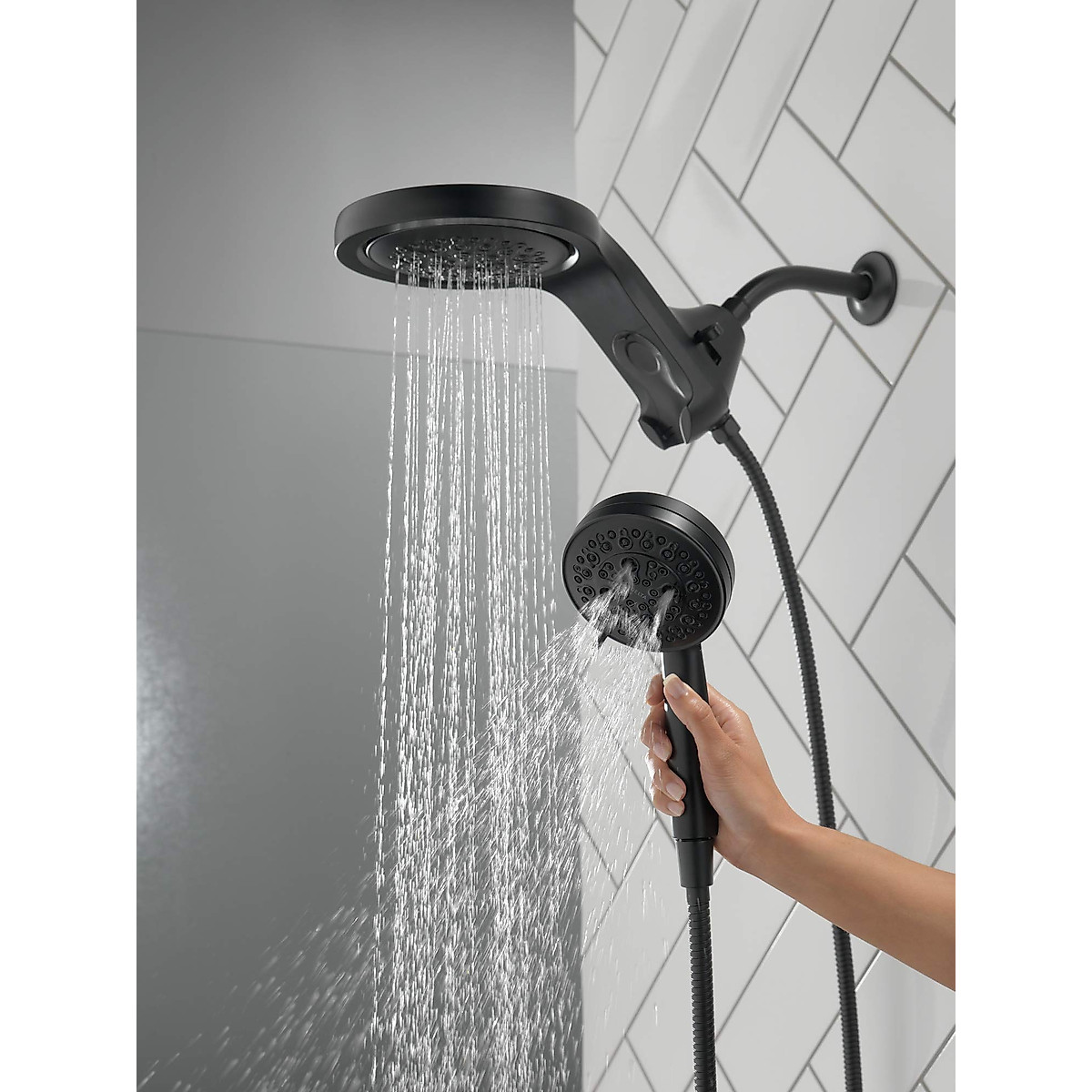 Delta Faucet HydroRain 5-Spray H2Okinetic Dual Shower Head with Handheld Spray, Black Shower Head with Hose, Handheld Shower Heads, Detachable Shower Head, 1.75 GPM Flow Rate, Matte Black 58680-BL