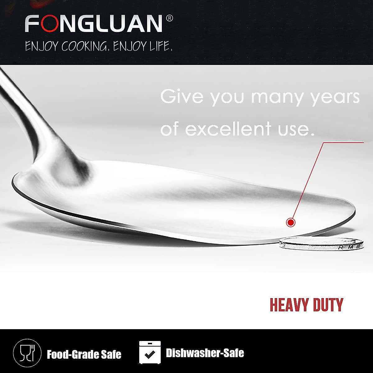 FONGLUAN Stainless-Steel Turner Spatula Set, Set of 2, Slotted Turner, Wok Spatula, Heavy Duty Metal Kitchen Utensils for Cooking