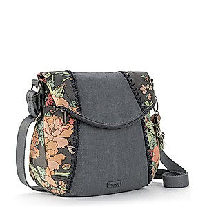 Sakroots Foldover Crossbody Bag in Cotton Canvas, Multifunctional Purse with Adjustable Strap & Zipper Pockets, Charcoal Flower Power