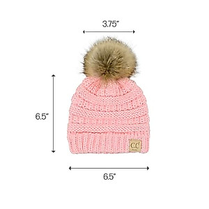 C.C Babies' Winter Cable Knit Beanie and Fuzzy Lined Mitten Set, Faux Fur Pom Pale Pink