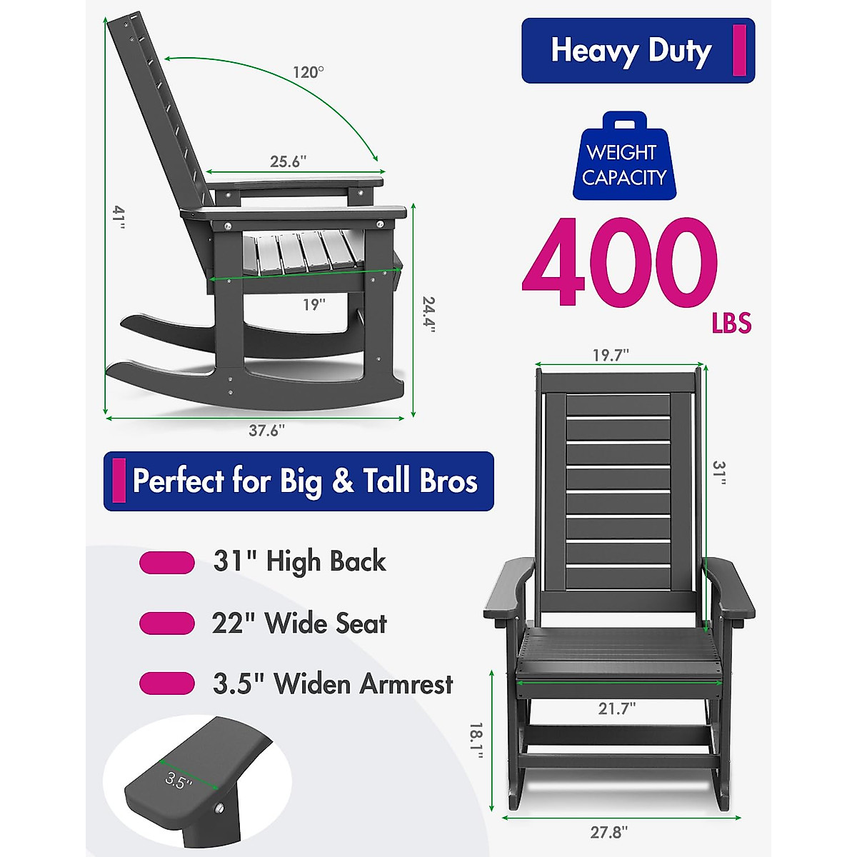 BRIOPAWS Rocking Chair Outdoor | Porch Rocker | HDPE Plastic | Grey | Oversized | Patio Rockers Chairs | High Back | for Big Man | Weather Resistant | for Outside Deck Balcony Front Backyard