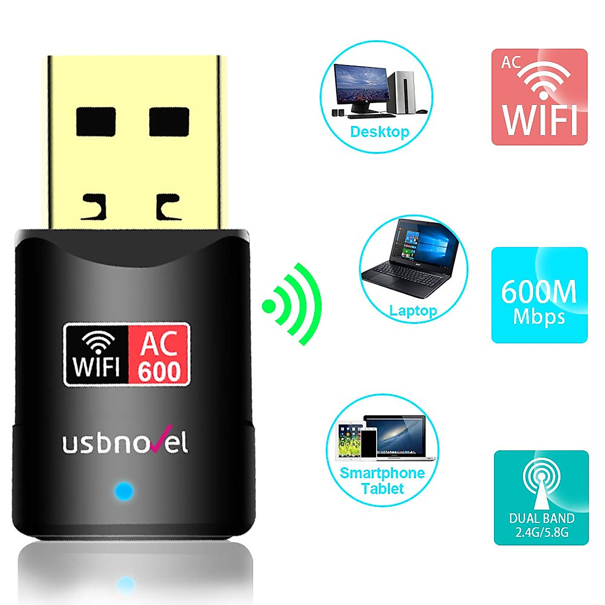 AC600Mbps Dual Band Wireless Network Adapter, 5G/2.4G WiFi Adapter for Desktop PC Laptop Supports Windows11/10/8/8.1/7/Vista/XP, Mac OS 10.9-10.15