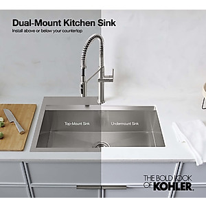 KOHLER Task Kitchen Sink, Stainless Steel Dual Mount Single Bowl, 33" Workstation Sink, 1 hole faucet, K-80084-1PC-NA