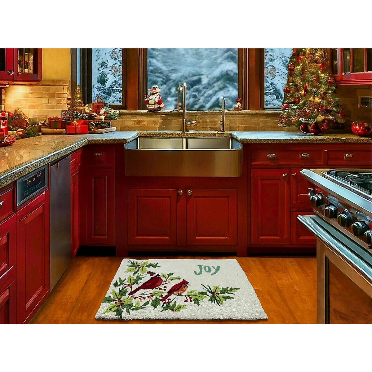 EZ.enjoy Winter Cardinal on Branch Holly Berries Joy Hand-Hooked Accent Rug 28.5 X 17 Inches for Holiday Christmas Home Decor