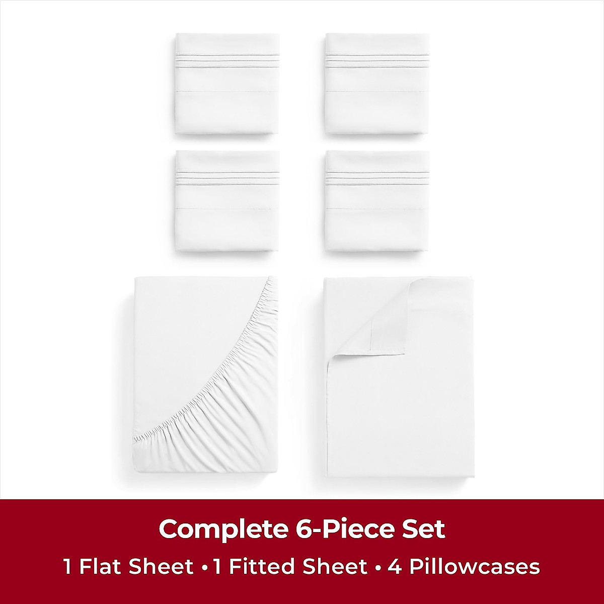 Mellanni Full Sheet Set - 6-Piece Iconic Collection Bedding, (Including 4 Pillowcases), 16-Inch Deep Pocket, Easy Care, Extra Soft, Cooling Sheets, Brushed Microfiber - White