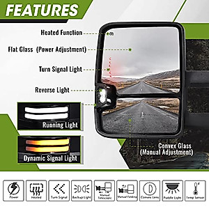 SIZIOM Switchback Towing Mirrors for 2009-2018 Dodge Ram 1500,2010-2018 Ram 2500 3500,Ram Classic 2019-2023,Power Heated Dynamic Turn Signal Backup Light Puddle Lamp Extendable Pair Set Tow Mirrors