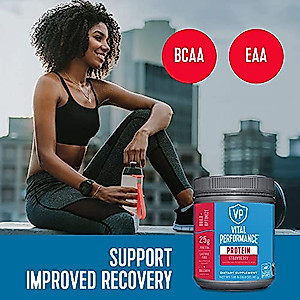 Vital Performance Protein Powder, 25g Lactose-Free Milk Protein Isolate Casein & Whey Blend Protein Powder with 10g Grass-Fed Collagen Peptides, 8g EAAs, 5g BCAAs, Gluten-Free - Strawberry, 1.68lb