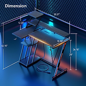 Reversible Corner Gaming Desk with LED Lights & Power Outlet, Computer Desk with Extra Storage Shelves, Small L Shaped Gamer Workstations with Monitor Stand for Bedroom, 39 Inch, Carbon Fiber Black