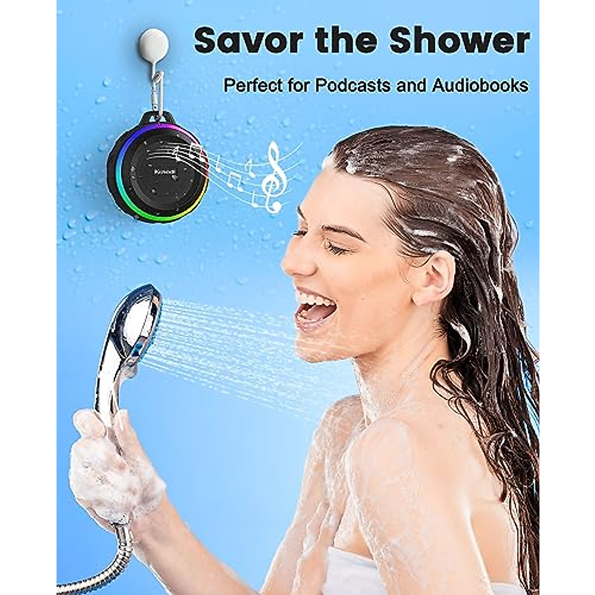 Kunodi Bluetooth Shower Speaker with IPX7 Waterproof, Dynamic Lights, Crisp Clear Sound, True Wireless Stereo, Clip Portable for Pool Beach Boat Kayak Float Golf
