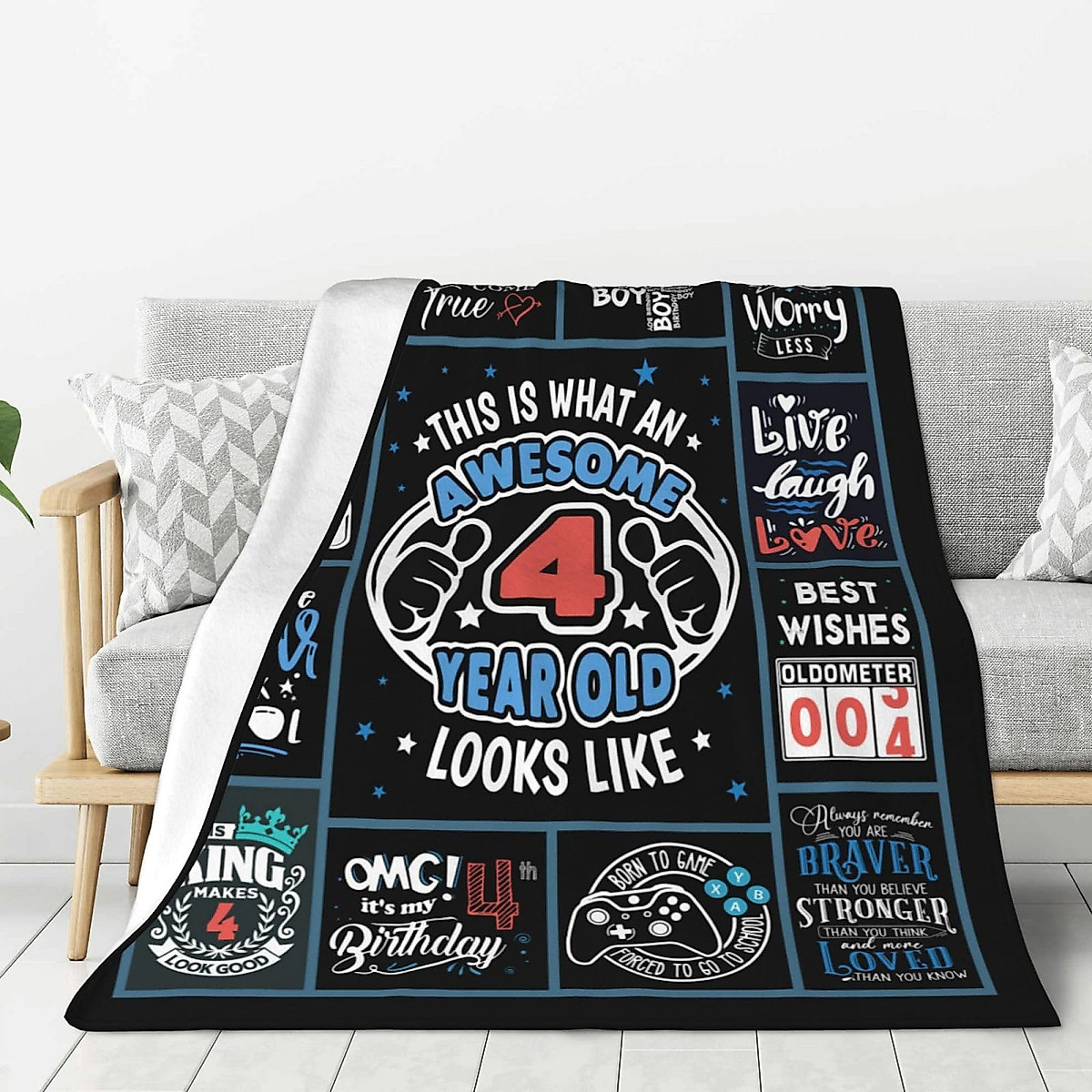 4 Year Old Boy Birthday Gift Throw Blanket 50" x 40", Birthday Gifts for 4 Year Old Boys, Four Year Old Boy Gifts, 4Yr Old Boy Birthday Gift Ideas, Birthday Present for Boy Age 4, 4th Birthday Gift