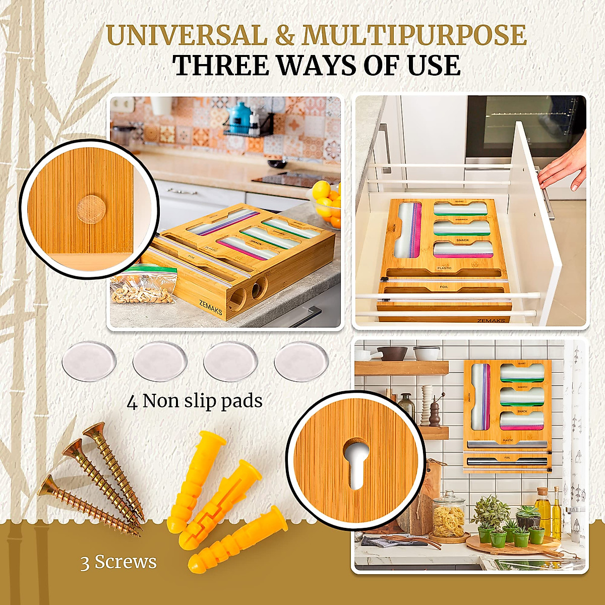 ZEMAKS Bamboo Ziplock bag organizer with foil and plastic wrap organizer for drawer with cutter, compatible with all ziplock bag sizes, any 12 inches roll and 13.5 inches wide drawer