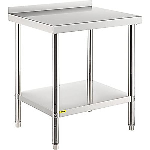 VEVOR Stainless Steel Prep Table, 30 x 24 x 35 Inch, 440lbs Load Capacity Metal Worktable with Backsplash and Adjustable Undershelf, Commercial Workstation for Kitchen Restaurant