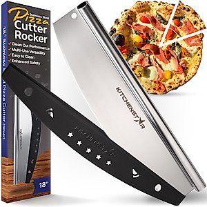 18" Pizza Cutter Rocker Blade by KitchenStar - Sharp Stainless Steel Slicer Knife w Protective Cover, Dishwasher Safe Pizza Oven Accessories, Silver