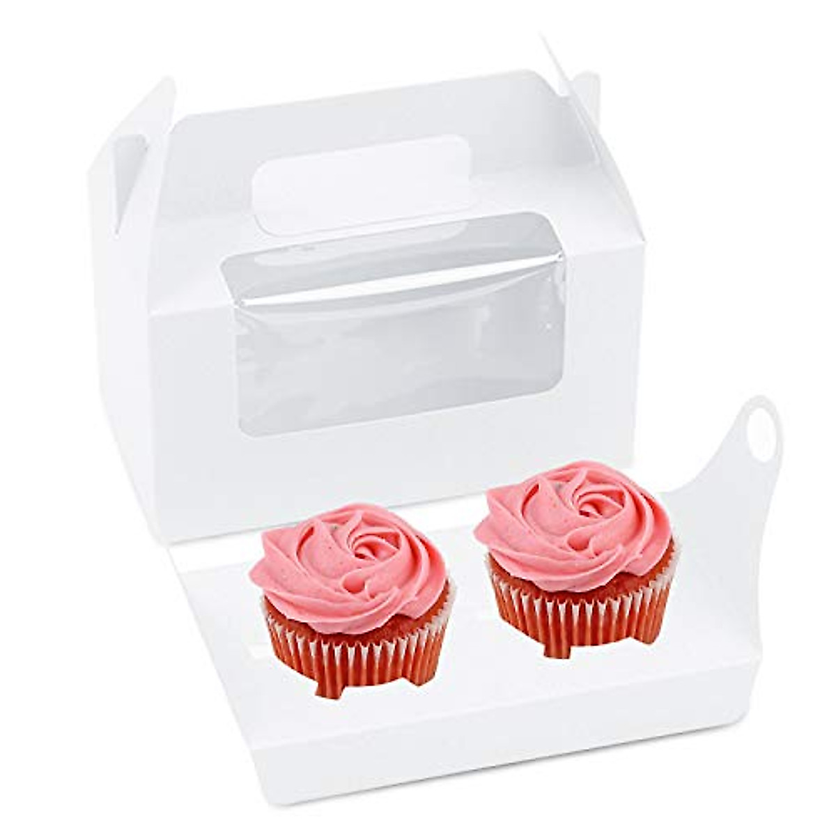 20 Pcs Cupcake Boxes, 2 Holders Cupcake Containers Muffins Cupcakes Carriers Holder Pastry Containers Favor Candy Treat Boxs Bakery Boxes with Window & Handle for Wedding Birthday Party (White)