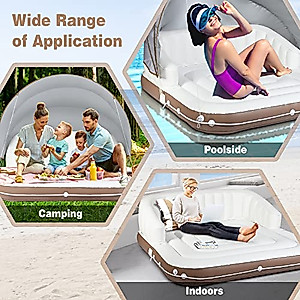 GYMAX Canopy Floating Island, 2-3 Person 441lbs Inflatable Lake Floats with UPF50 Retractable Sunshade, Built-in Cup Holder & Grabbing Ropes, Giant Lounge Raft for Indoor, Poolside, River and Beach
