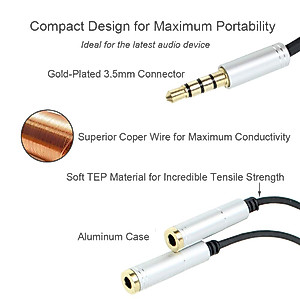 CamDesign Silver Headset Y Splitter Audio Adapter Cable 3.5mm Male to 2 Female Mic Audio CTIA Headphone Adapter Compatible with PC Gaming Headset,PS4,Xbox One,Notebook,Android iPhone Tablet MP3