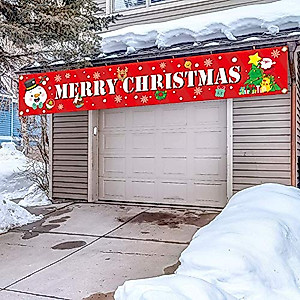 Large Merry Christmas Banner Xmas Decoration Snowman Christmas Tree Hanging Huge Sign Holiday Party Supplies Home Decor for Outdoor,Indoor,Yard,Garden,Porch,Lawn