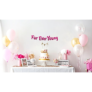 Furever Young Pink Glitter Banner – Dog Birthday Banner – Cat Birthday Decorations – Funny Puppy and Kitten Birthday Party Supplies and Gifts