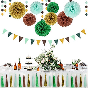 Sage-Green Gold Brown Party Decorations - 2 Pack Paper Pennant Banner Triangle Flags Hanging Backdrop Decor For Gender Neutral Baby Shower,Bridal Shower,Birthday With Boho,Rustic,Forest,Woodland Theme