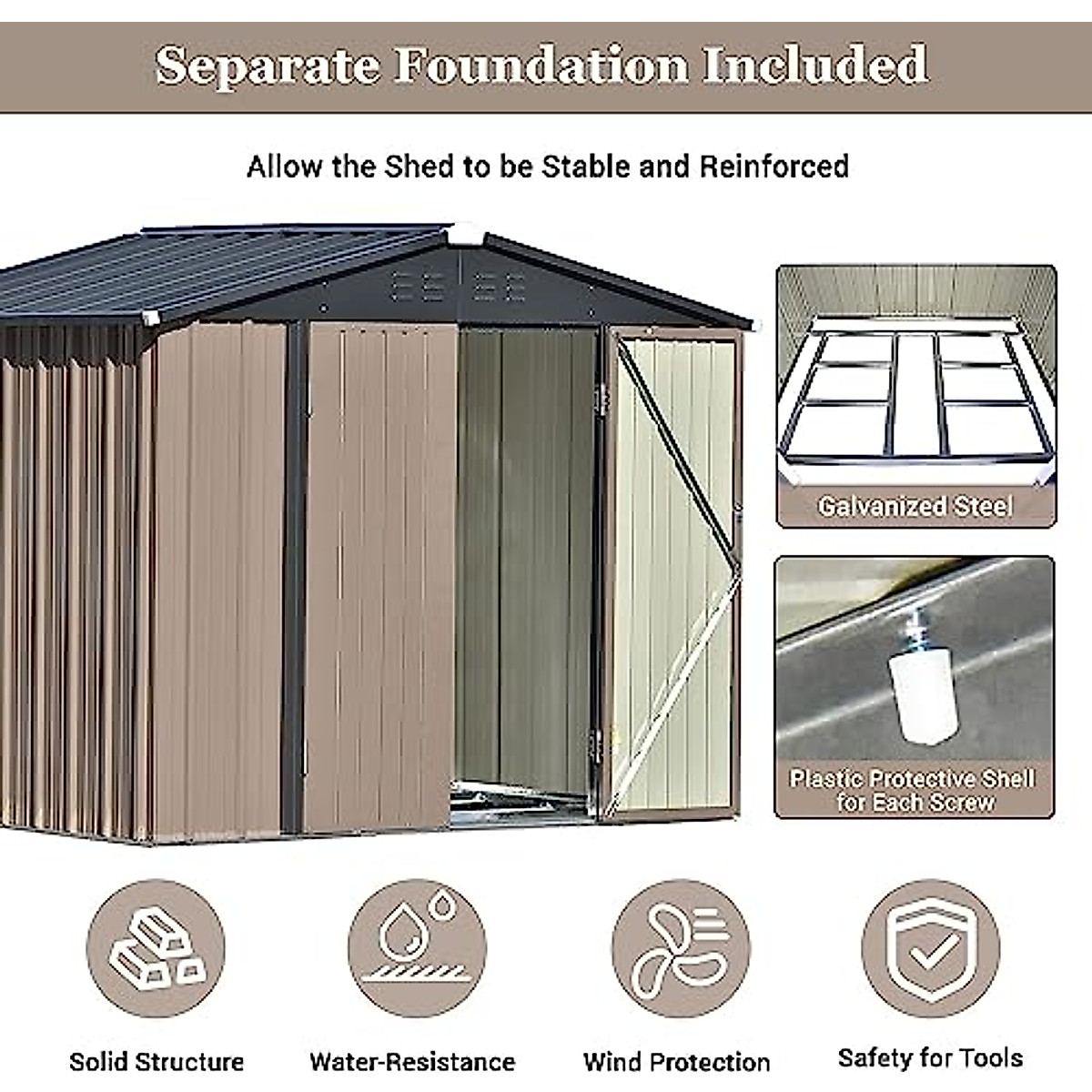 Merax Outdoor Storage Shed, 8X 6 FT Metal Garden Shed Steel Tool Shed Storage House with Adjustable Shelf and Lockable Doors,Tool Cabinet with Vents and Foundation for Backyard, Patio & Lawn, Brown