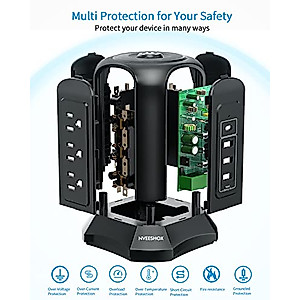 Power Strip Surge Protector Tower- 9 AC Multiple Outlets with 4 USB Ports (1 USB C),10 Ft Long Heavy Duty Extension Cord,Flat Plug Charging Station with Overload Protection for Home Office Dorm Desk