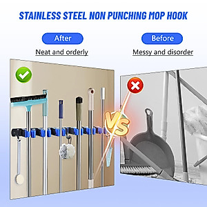 Mop Broom Holder Wall Mounted,6 Racks 3 Hooks Heavy Duty Stainless Steel Broom and Mop Hangers,Garage Storage Rack & Garden Tool Organizer, Self-adhesive/Screw Drilling