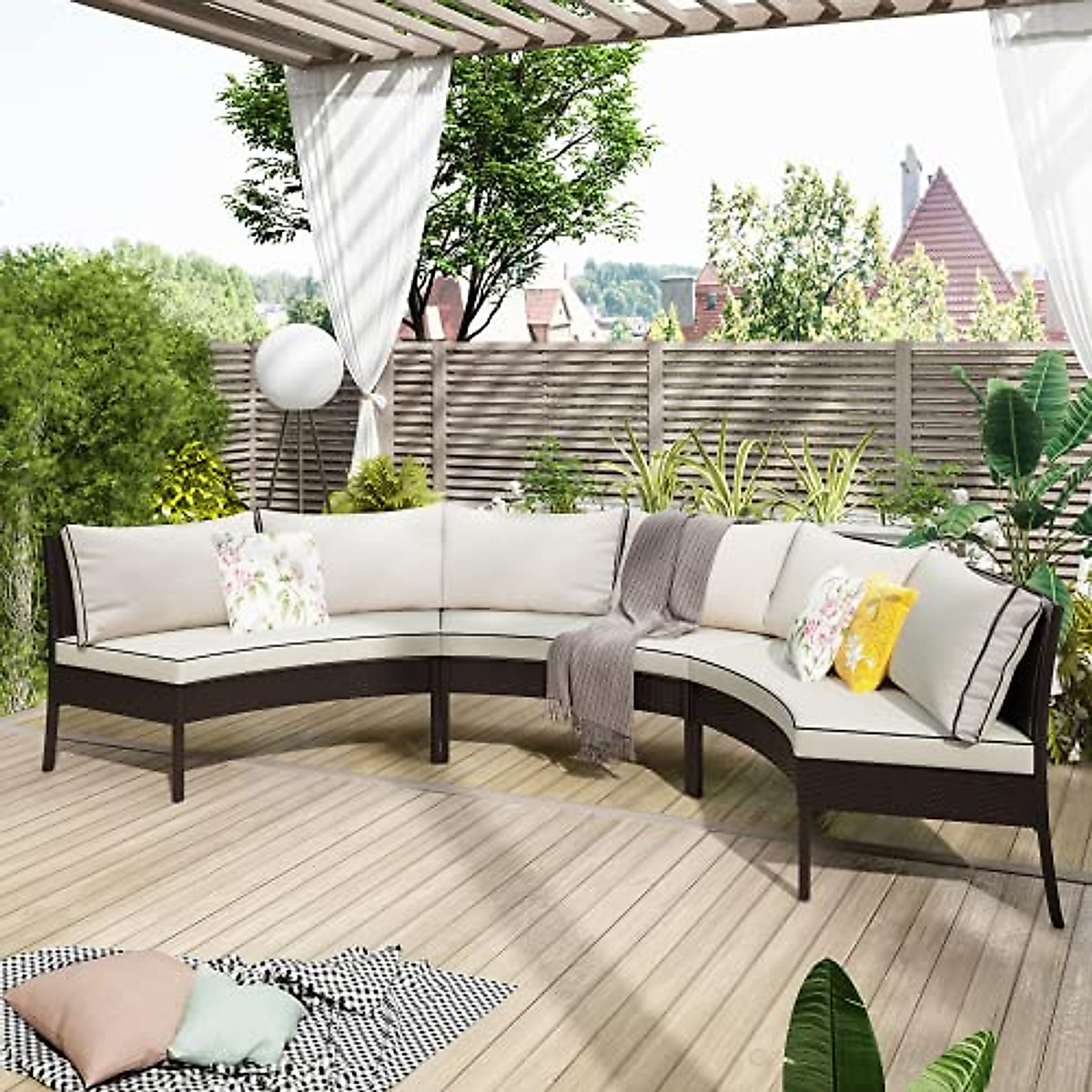 U_Style-Outdoor 3-Piece Sectional Furniture, Patio Half-Moon Wicker Sofa Set, Brown PE Rattan and Beige Cushions