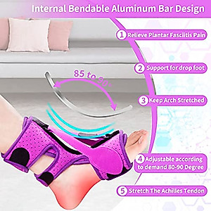 2 Pack Plantar Fasciitis Night Splint with 3 Fixing Straps, Adjustable Achilles Tendonitis Relief Night Splints for Plantar Fasciitis, Foot Drop Ankle Pain, Heel Pain, Achilles Tendonitis(Purple)