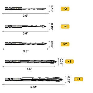 NewShark Concrete Drill Bit Set 10PCS, Masonry Drill Bits for Brick, Glass, Plastic and Wood, Tungsten Carbide Tip Work with Ceramic Tile, Wall Mirror, Paver on Concrete or Brick Wall（3/16”-1/2” ）