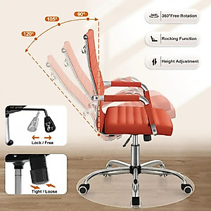 Modern Office Chair Mid-Back PU Leather Executive Conference White Office Desk Chair Adjustable Swivel Chair Desk with Arms White Desk Chair with Wheels Silla de Escritorio (Orange)
