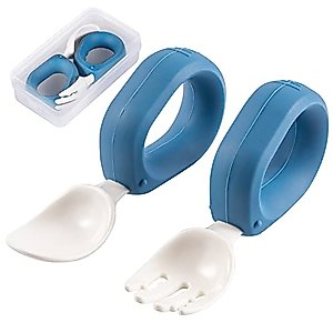 HIWOOD Baby Self Feeding Training Spoon and Fork Set with Travel Case, BPA-Free Cute Circle Toddler Training Utensils, Silicone/ABS Great Tableware Set Spoons Fork for Kids(Blue)