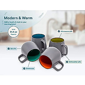 Kook Multicolor Deco Large Ceramic Coffee Mugs, Ceramic, Microwave & Dishwasher Safe, 21 oz, Semi-Matte, Grey, Set of 4
