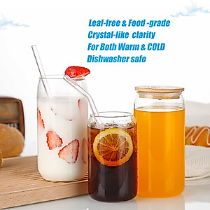 Hoteelee Drinking Glasses with Bamboo Lids and Glass Straw,4pcs Set,16.9 oz Can Shape Beer Glasses Cup,Iced Coffee Glass Jar,Cute Tumbler Cup,Soda,Iced Tea,Goblet Cup,Ideal for,Cocktail,Whiskey,Wine