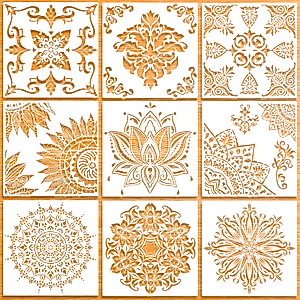 9 Pack (12x12 Inch) Large Reusable Stencil Mandala Stencil Laser Cut Painting Template for Floor Wall Tile Fabric Furniture Stencils Painting