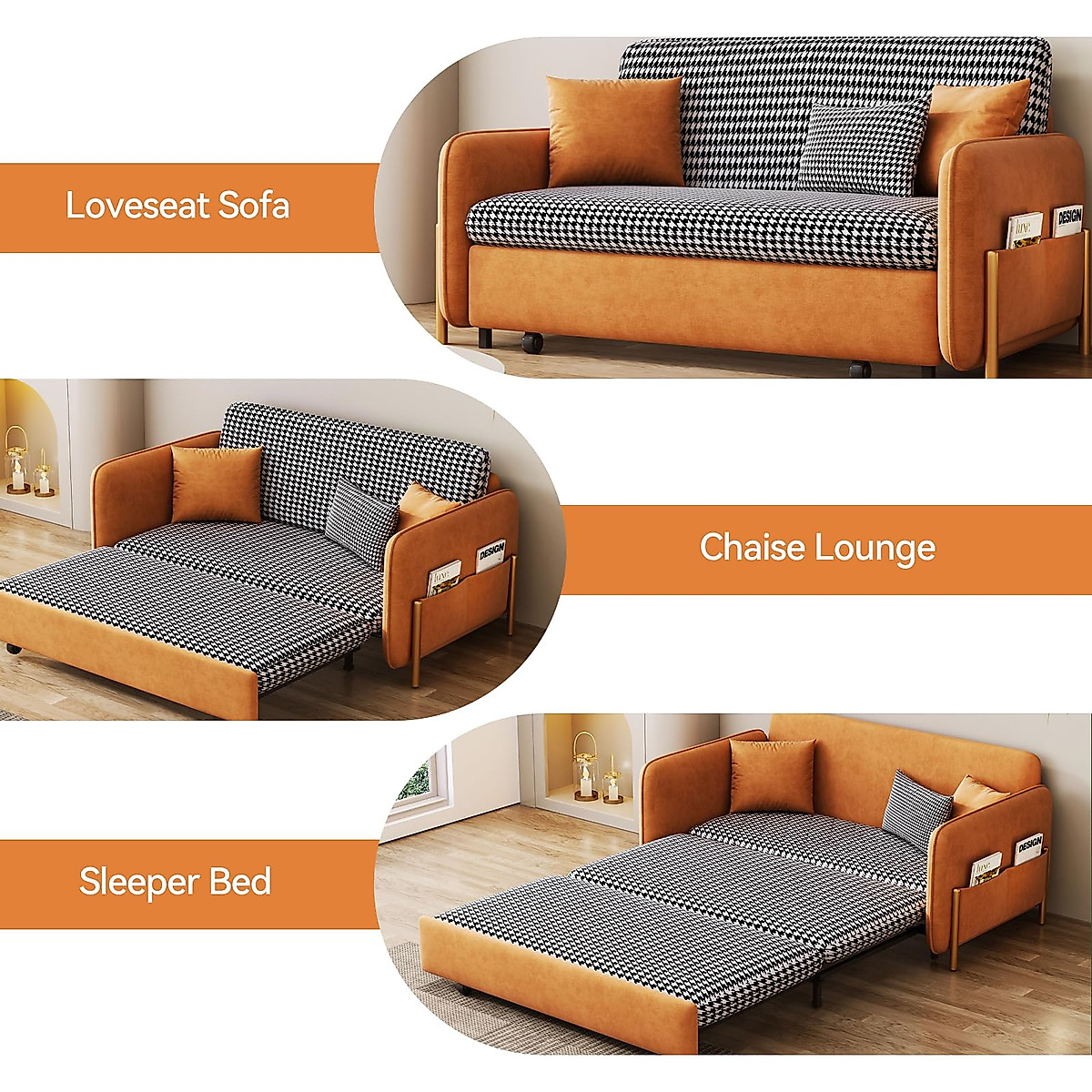 siu want 3 in 1 Sleeper Sofa Couch Bed, Convertible Pull Out Couch with Storage, Orange Folding Loveseat with 3 Pillows, Side Pockets, Velvet Sofa Bed for Living Room - 55.3In