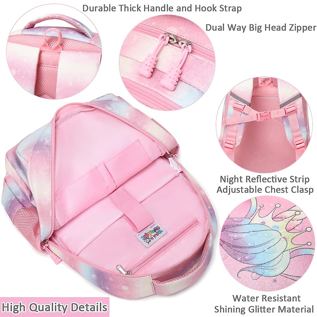 Unicorn Backpack for Girls School Backpack Glitter Rainbow Kids Backpack for Girls Bookbags 3 in 1 Set with Lunch Tote Pencil Bag