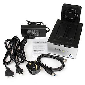 StarTech.com USB 3.0 Dual SATA Hard Drive Docking Station with Fast Charge Hub UASP and Fan, Black/Silver (SDOCK2U33HFB)