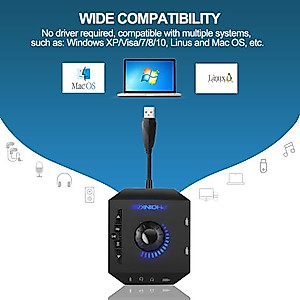 T10 External Sound Card, PHOINIKAS USB Audio Adapter for PC Windows, Mac, Linux, Laptops, Desktops, Stereo Sound Card with 3.5mm Interface & USB Interface, Volume Control, Plug & Play (6-in-1, Black)