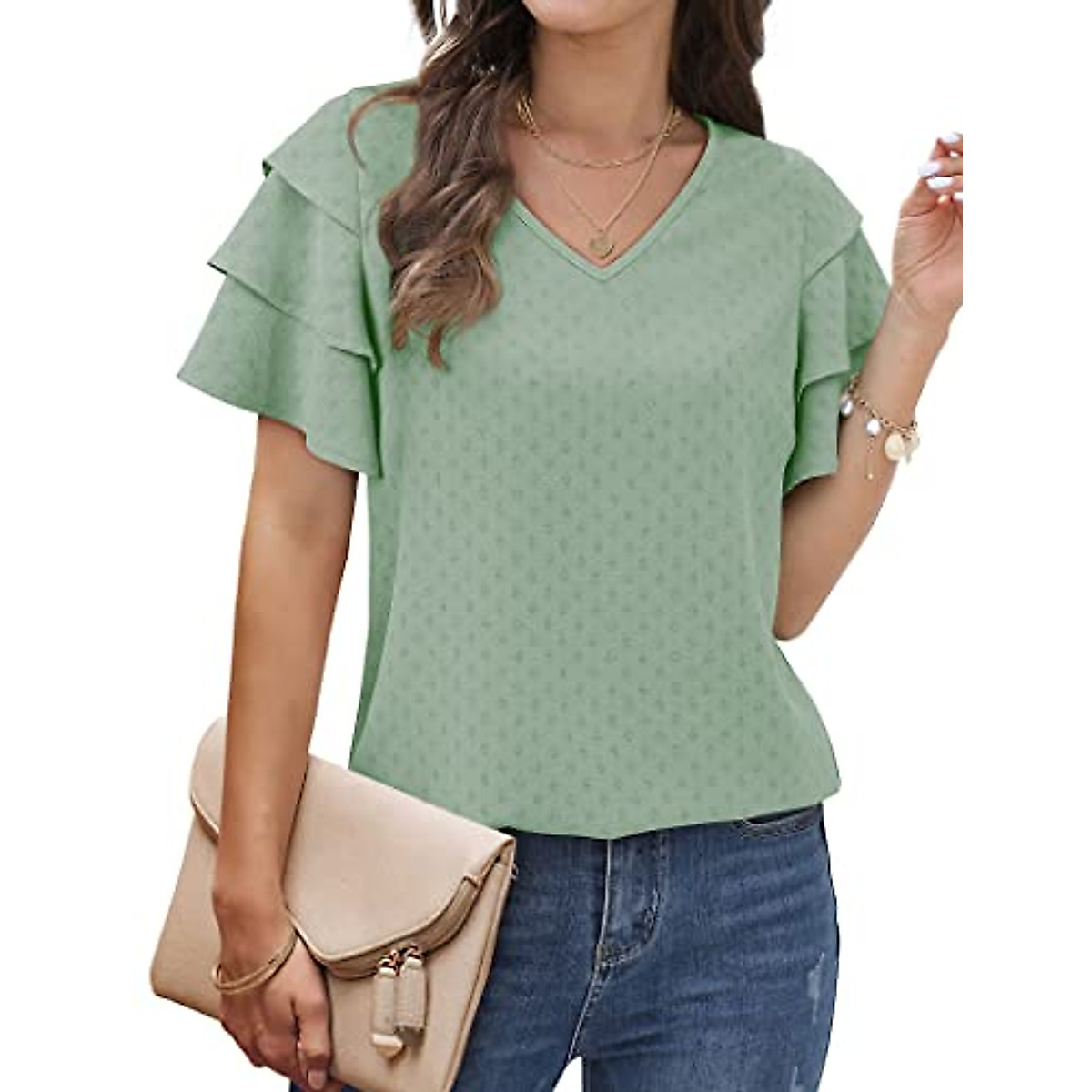 Blouses for Women Fashion 2023 Ruffle Sleeve Business Casual Tops Light Green XL
