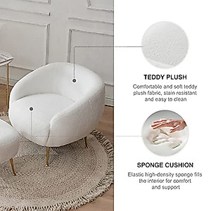 Kiztir Sherpa Accent Chair, White Accent Chair with Ottoman/Gold Legs, Modern Accent Chair for Living Room, Bedroom or Reception Room