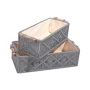 TeoKJ Macrame Storage Baskets, 2 Packs Woven Decor Box Organizer for Shelf, Storage Baskets for Organizing with Handles Gray