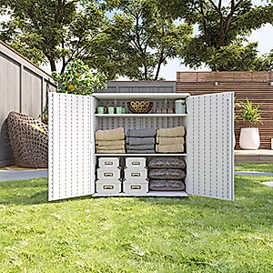 Mrossa Indoor Outdoor Storage Cabinet Waterproof with 2 Shelves,Off White Plastic Outdoor Cabinets for Patio/Garden/Backyard, Size 34.3''L*15''W*36.2''H…
