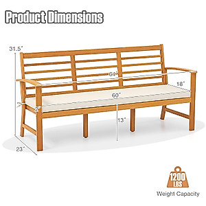 Giantex Acacia Wood Outdoor Bench, 3-Seat Patio Bench with Removable Cushion, Slatted Seat & Backrest, 1200 Lbs Capacity, 64 Inches Extra Long Park Bench for Backyard, Porch, Balcony, Garden Bench